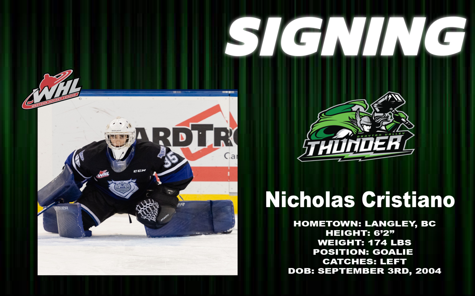 Thunder sign ’04 goaltender Nicholas Cristiano | Drayton Valley Thunder